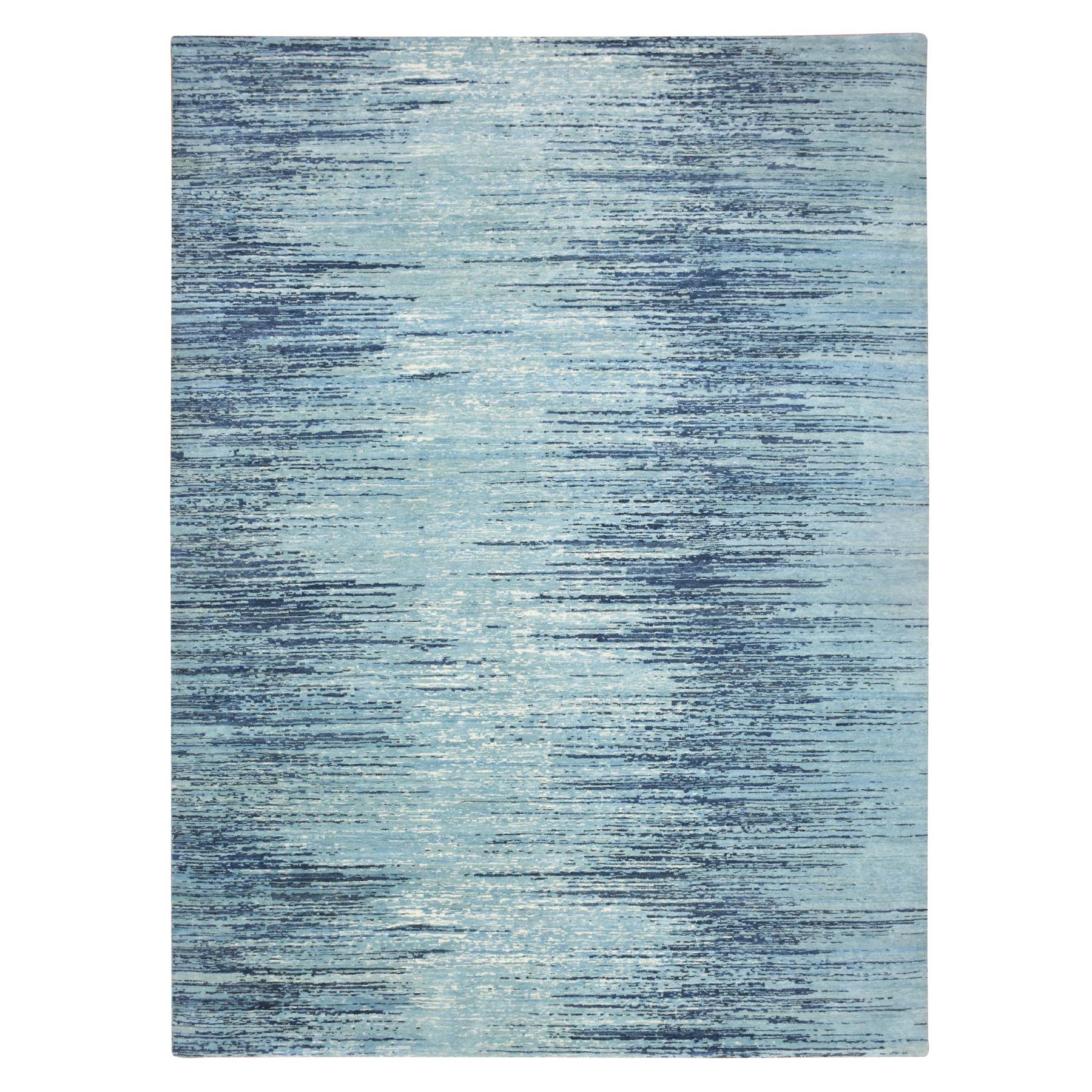 9’x12’3″ Cerulean Blue, Pure Wool, Horizontal Ombre Design, Densely ...