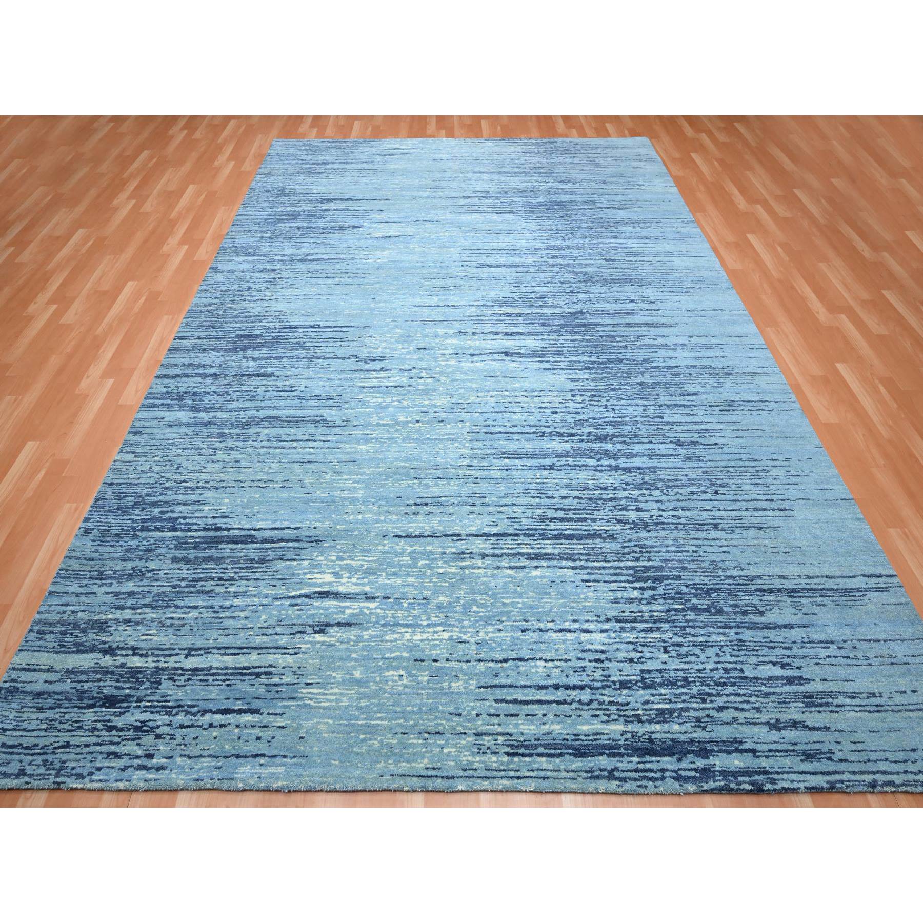 9’x12’3″ Cerulean Blue, Pure Wool, Horizontal Ombre Design, Densely ...